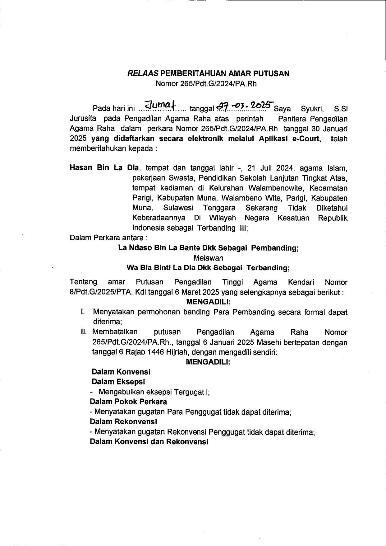 PENGADILAN AGAMA RAHA KELAS 1B - Pemberitahuan Amar Putusan kepada ...