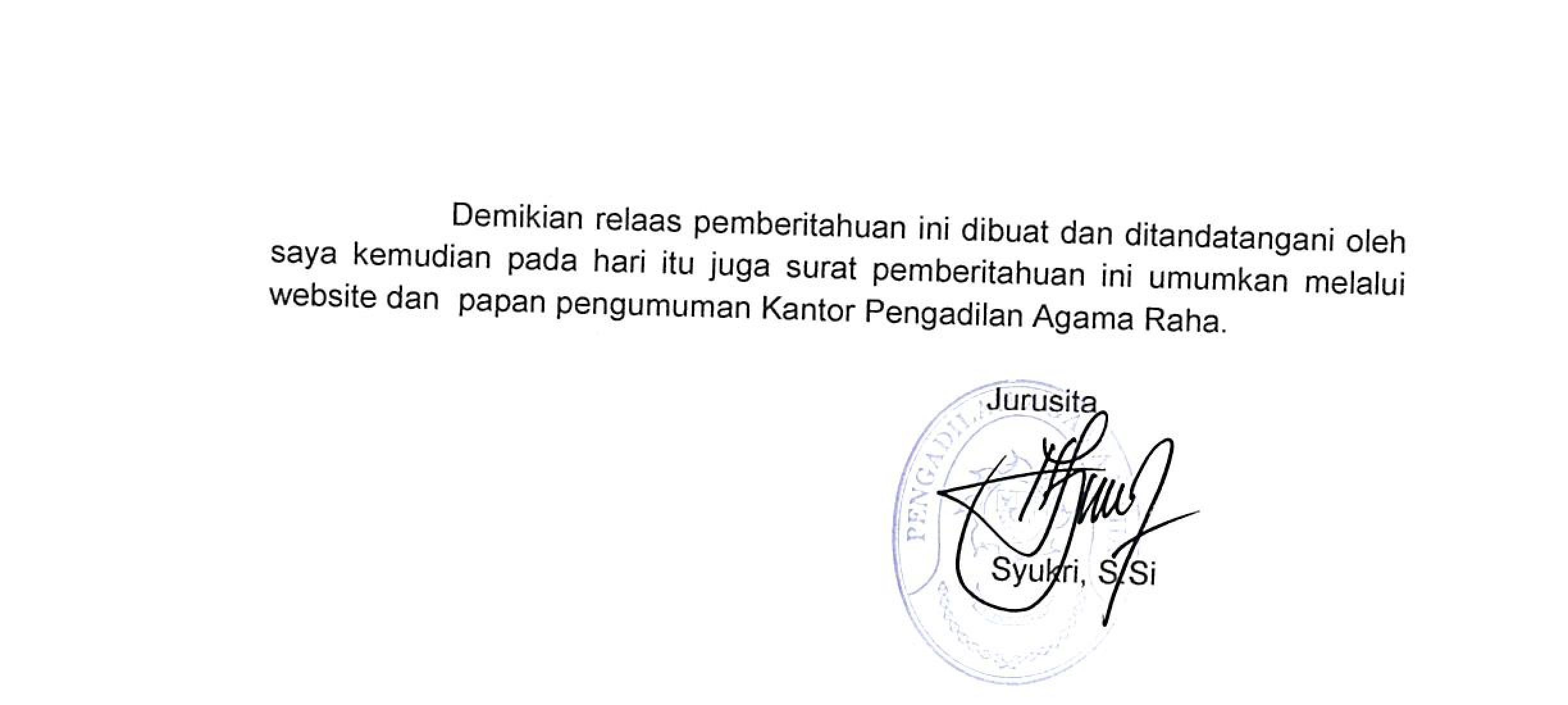 PENGADILAN AGAMA RAHA KELAS 1B - Pemberitahuan Putusan Nomor 289/Pdt.G ...