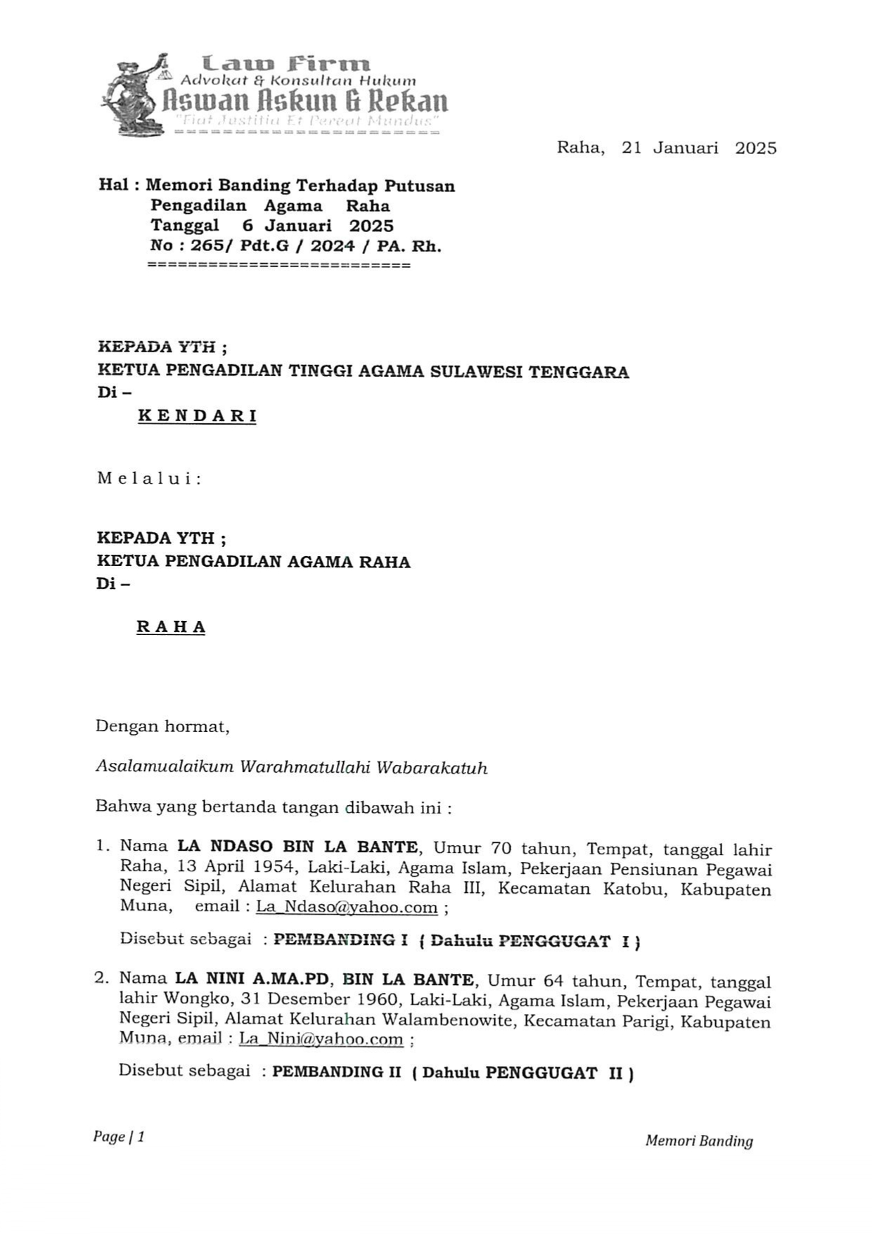 PENGADILAN AGAMA RAHA KELAS 1B - PEMBERITAHUAN DAN PENYERAHAN MEMORI ...